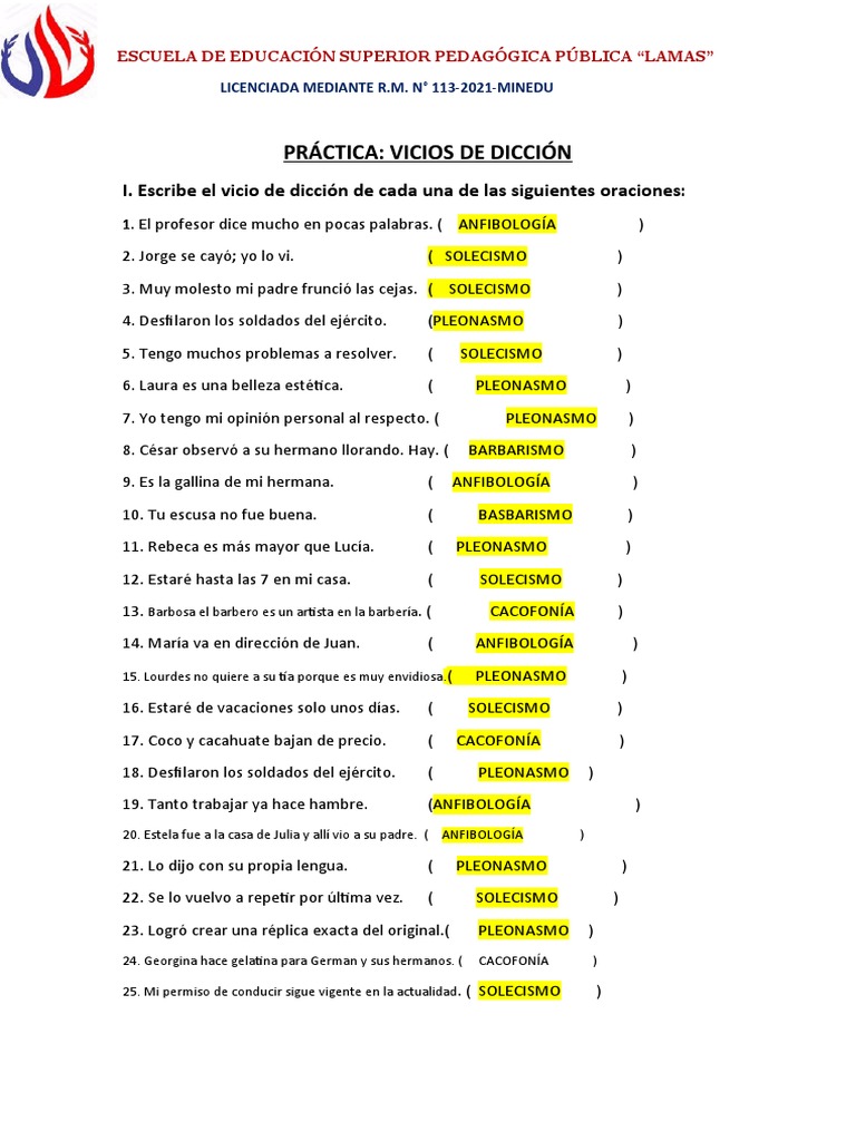 Práctica Vicio de Dicción .... | PDF