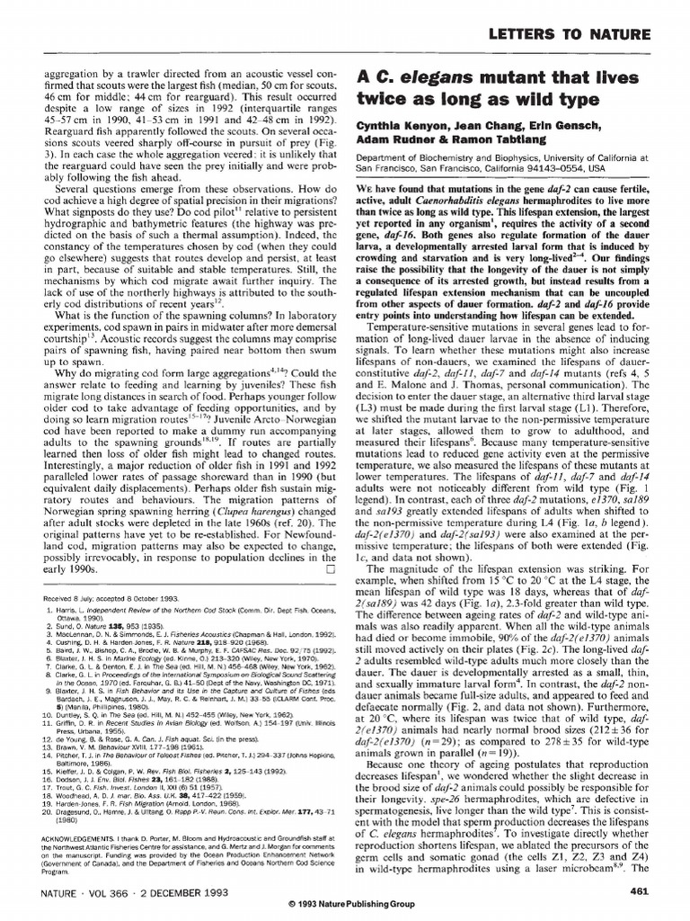 1993 - A C. Elegans Mutant That Lives Twice As Long As Wild Type | PDF
