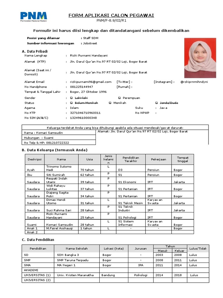 Form Aplikasi Calon Karyawan PNM | PDF
