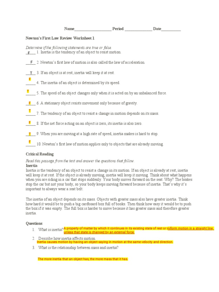 Kami Export - Newtons First Law Review Worksheet 1 | PDF | Inertia | Force