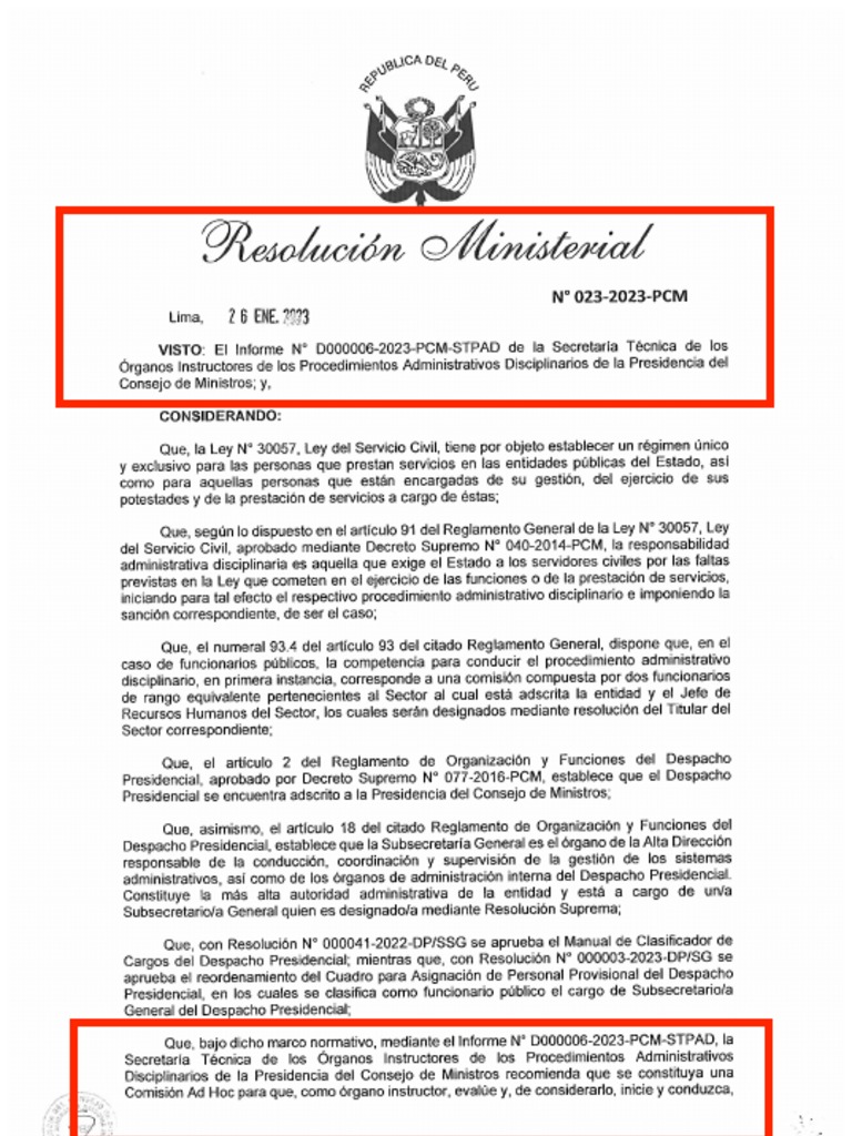 Beder Camacho Proceso Administrativo Disciplinario RM N 023-2023-PCM ...