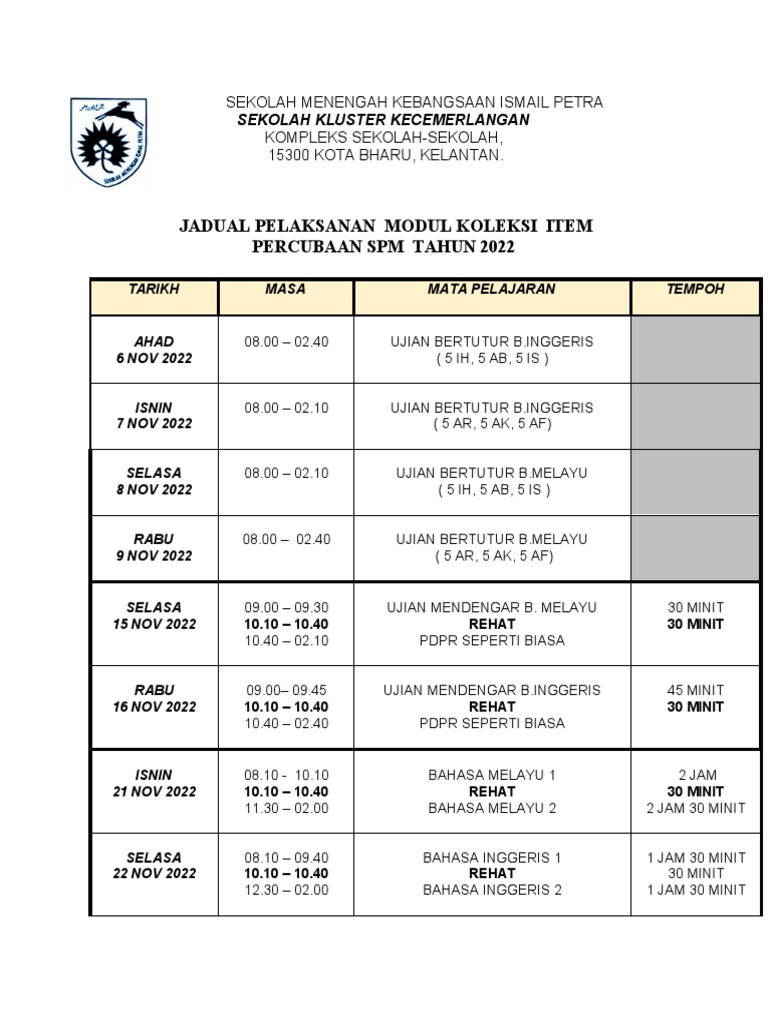 Jadual Trial SPM Tahun 2022 | PDF