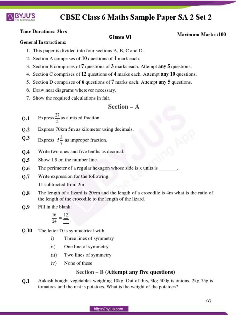 CBSE Class 6 Maths Sample Paper SA2 Set 2 | PDF | Geometry | Mathematics