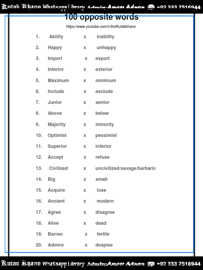 100 Opposite Words | PDF | Humility