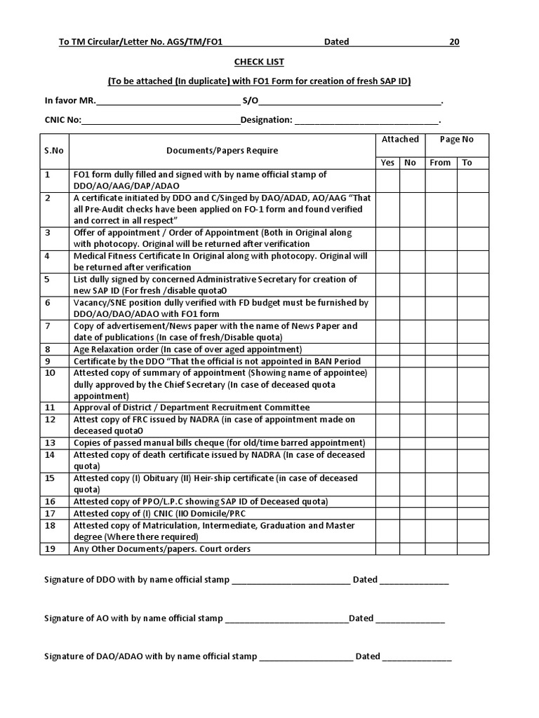 Check List For FO1 General | Download Free PDF | Government | Written ...