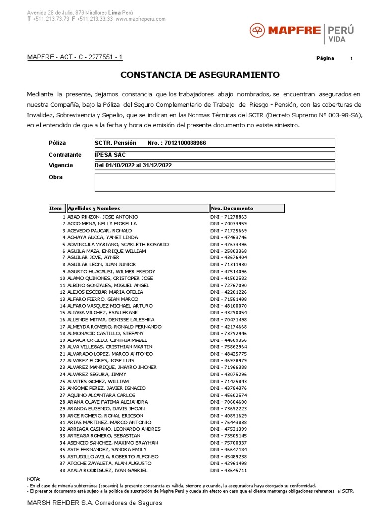 Ipesa - SCTR Pension - Renovacion Oct - Dic | PDF