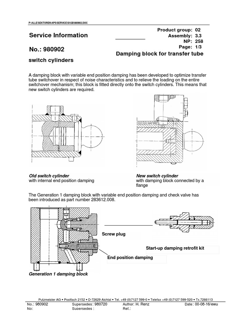 Service Information No.: 980902: Damping Block For Transfer Tube Switch Cylinders | Download ...