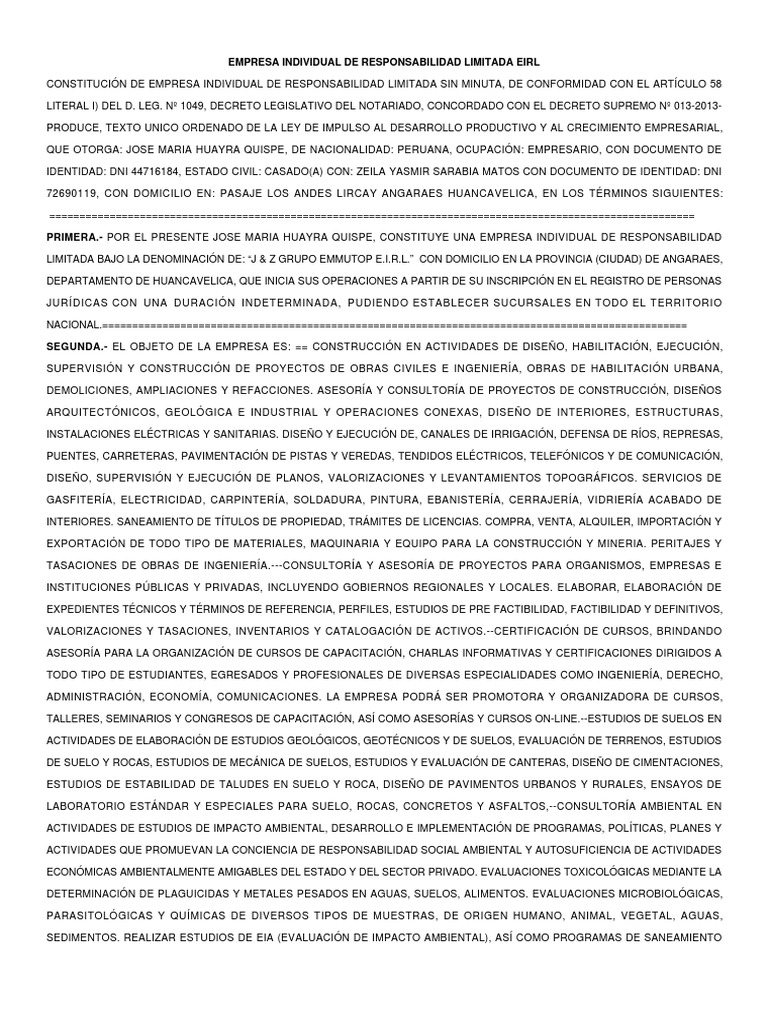 Minuta de Una Empresa Eirl | PDF | Metalurgia | Evaluación de impacto ambiental