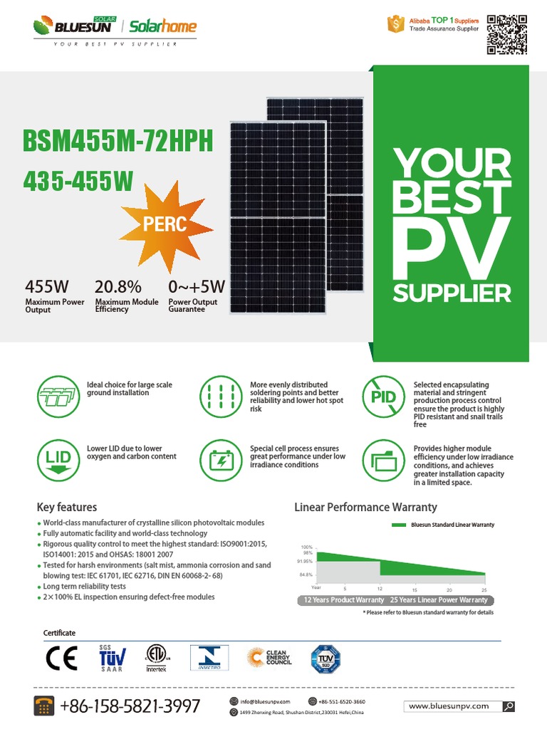 Bluesun Solar Panel BSM455-72HPH 435-455W | PDF | Photovoltaics | Solar ...