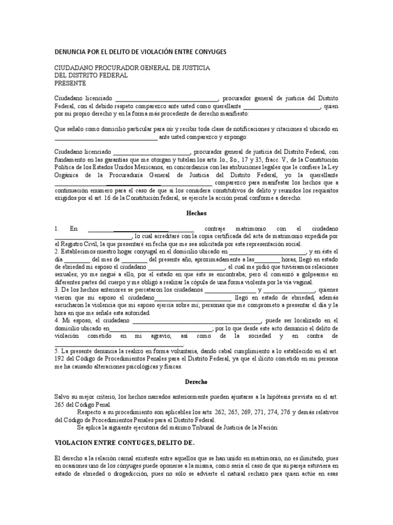 Denuncia Por El Delito de Violación Entre Conyuges | PDF | Violación | Derecho penal