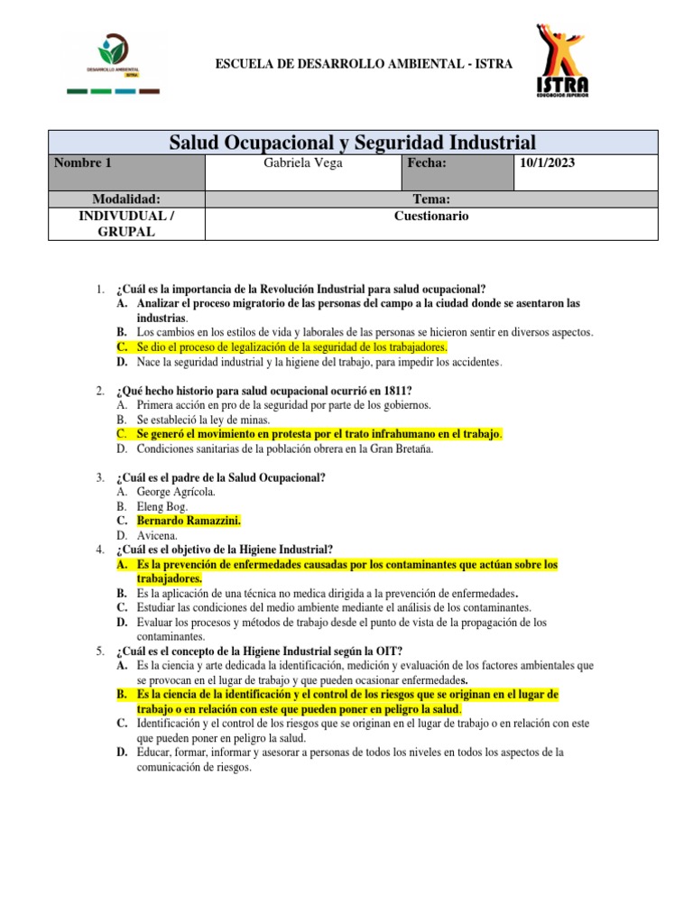 Cuestionario - Examen Final Del Módulo de Salud Ocupacional | PDF | Seguridad y salud ...
