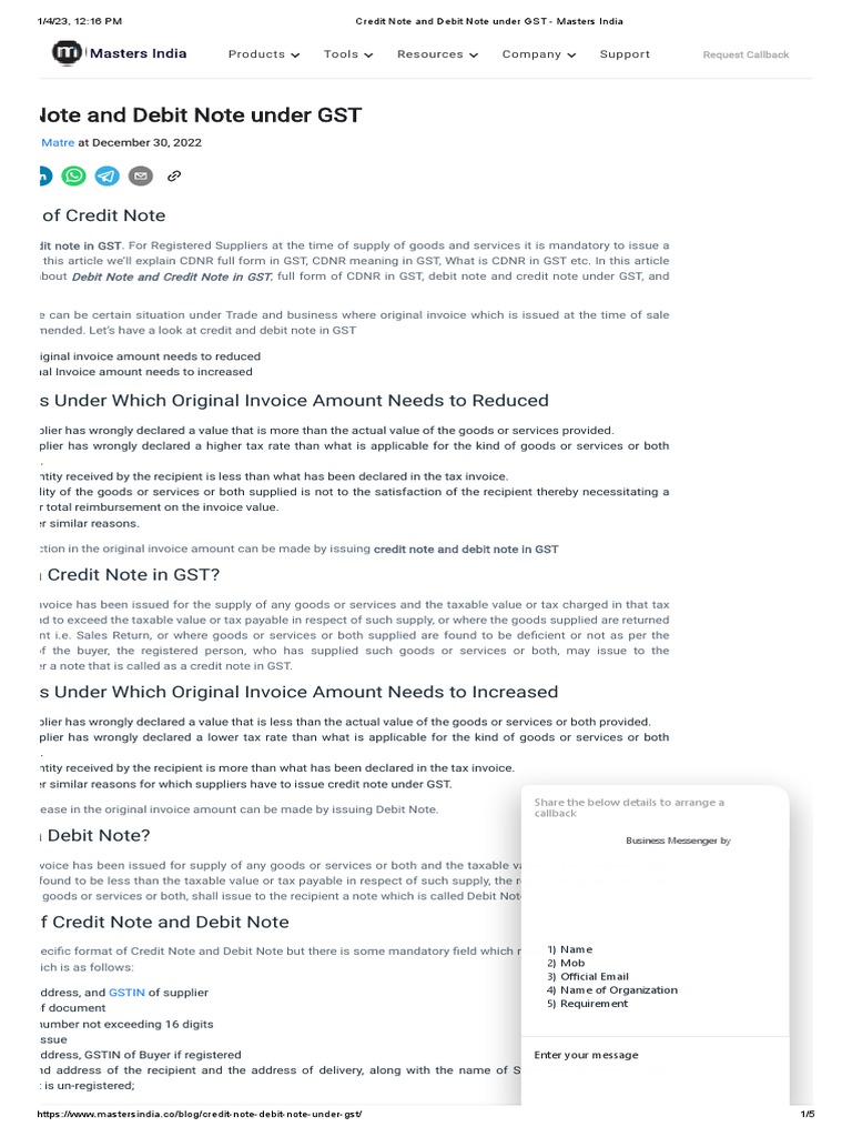 Credit Note and Debit Note Under GST - Masters India | PDF | Value ...