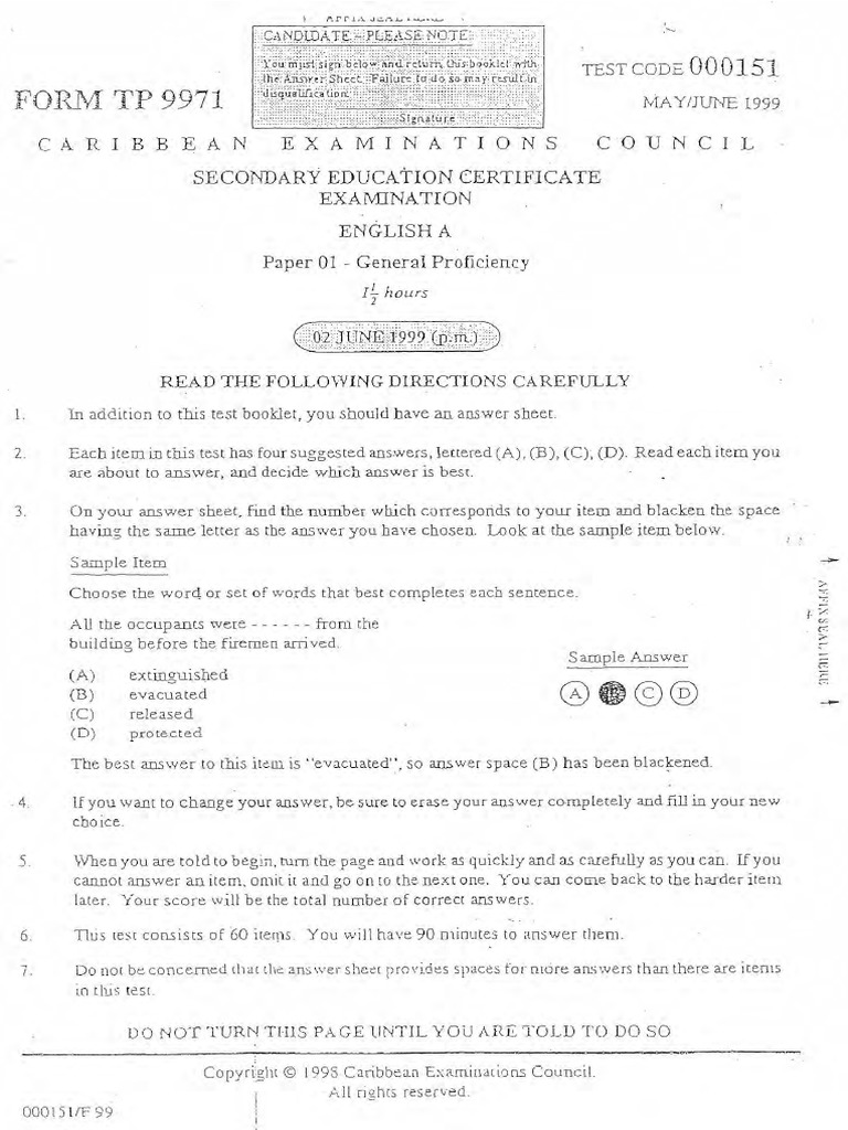 CSEC English A June 1999 P1 | PDF