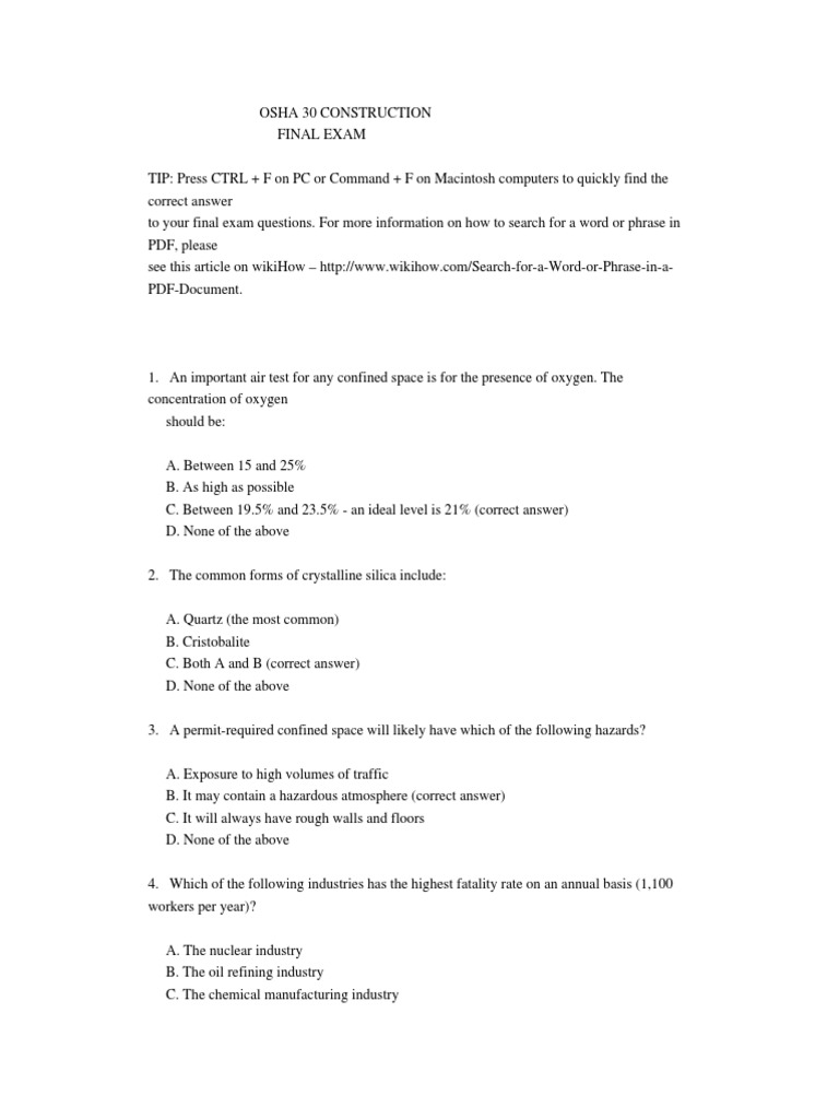 OSHA 30 Construction Exam Overview | PDF | Occupational Safety And ...
