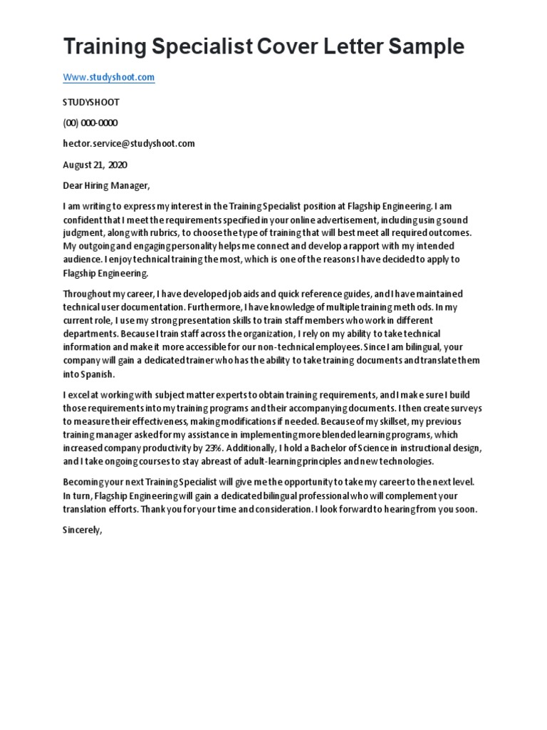 Training Specialist Cover Letter Sample 2 | PDF