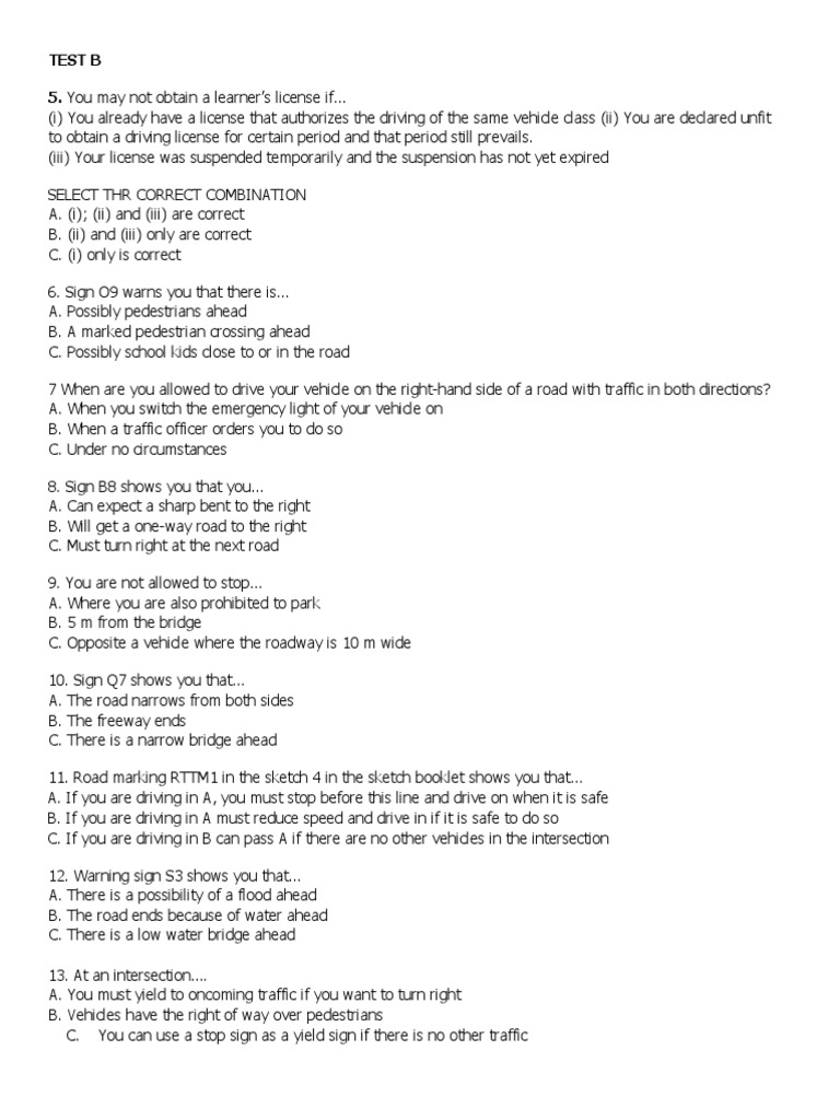 Learner's Test B | PDF | Traffic | Land Transport Learner's Test B | PDF | Traffic | Land Transport