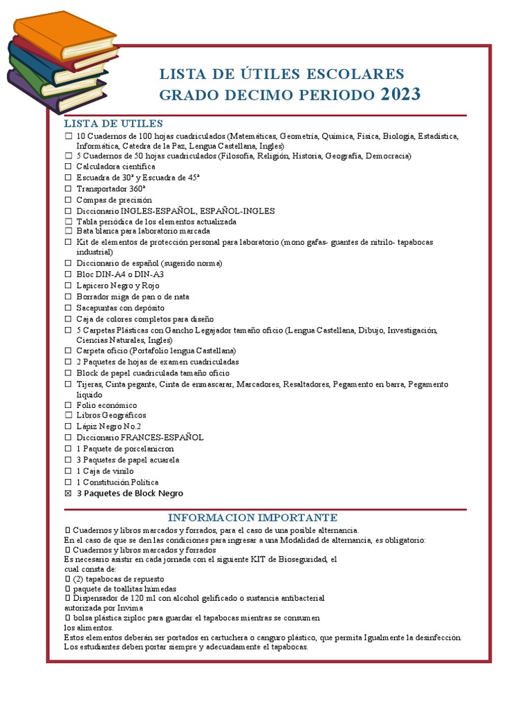 Lista de Útiles Escolares Grado Decimo Periodo 2023 | PDF