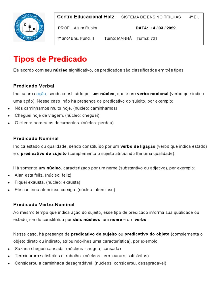 Tipos de Predicado | PDF | Assunto (gramática) | Predicado (gramática)