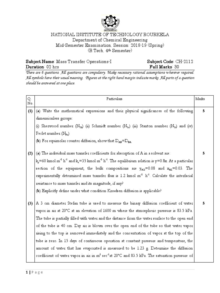Analysis of a Mid-Semester Examination on Mass Transfer Operations-I Covering Dimensionless ...