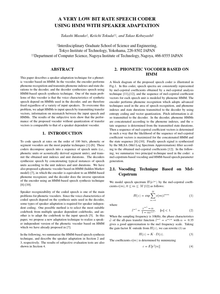 A Very Low Bit Rate Speech Coder Using HMM With Speaker Adaptation | PDF | Speech Synthesis ...