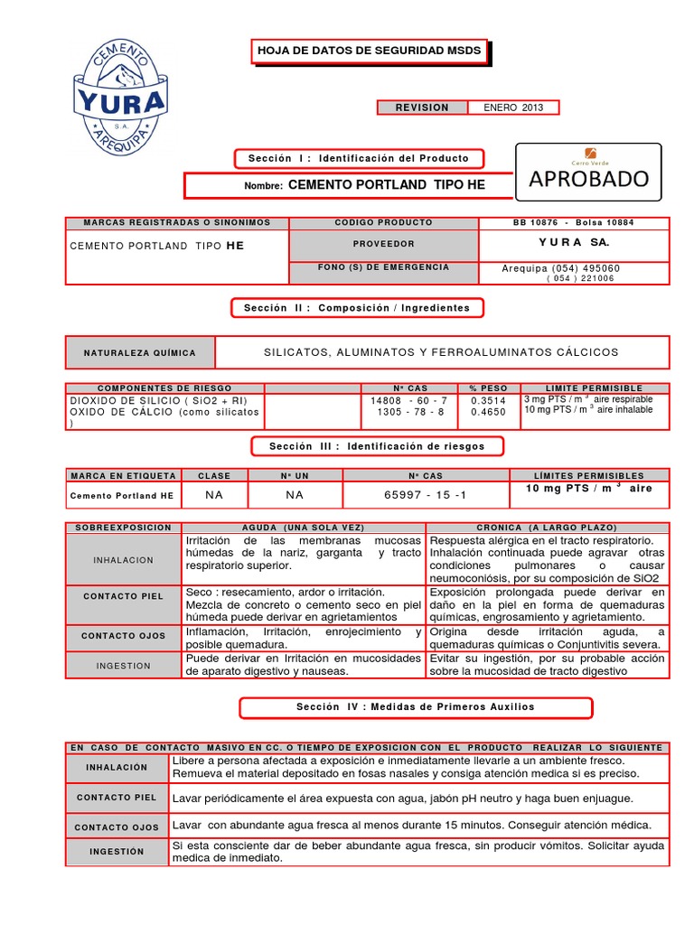 Cemento Yura tipo HE_Cemento Yura Tipo HE-YURA | PDF | Cemento | Agua