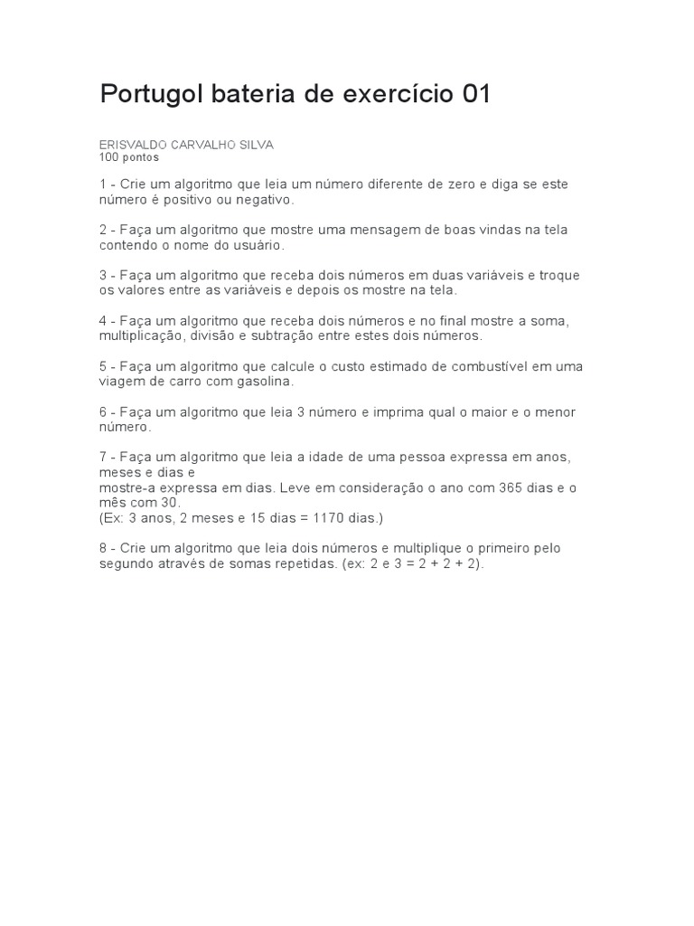 Portugol Bateria de Exercício 01 | PDF