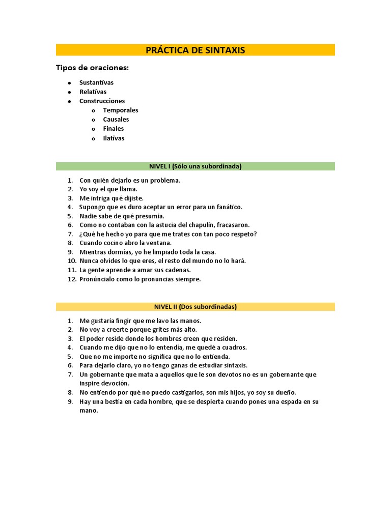 Práctica Sintaxis (2ºBACH) Por Niveles | PDF | Novela negra, policíaca y suspenso