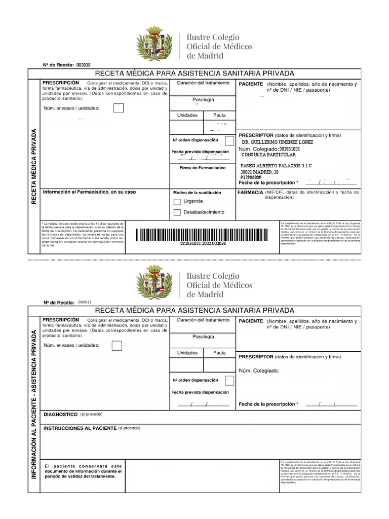 Receta médica para Javier Damiani de toseína 2mg/ml por 15 días | PDF