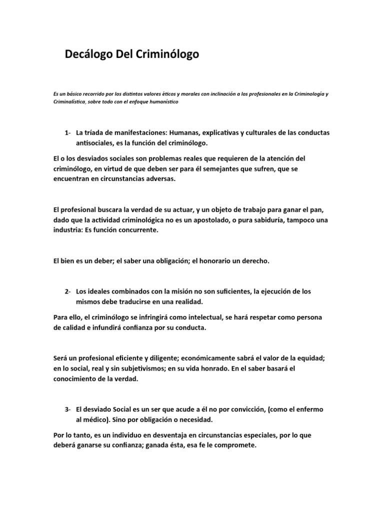 Decálogo Del Criminólogo | PDF | Criminología | Crímenes