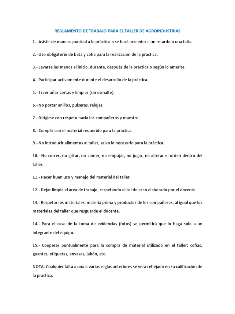 Reglamento de Trabajo para El Taller de Agroindustrias | PDF