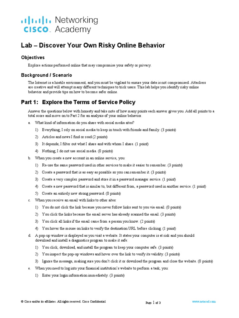 3.2.2.3 Lab - Discover Your Own Risky Online Behavior | PDF