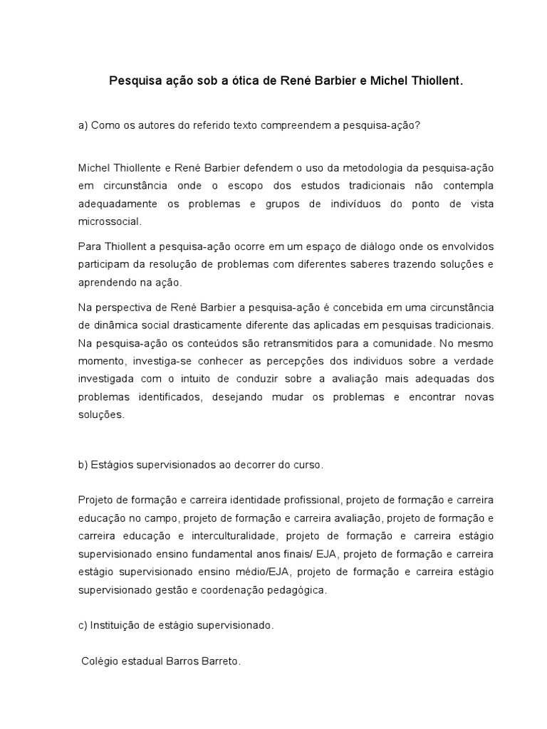 Pesquisa Ação Sob A Ótica de René Barbier e Michel Thiollent. | PDF Pesquisa Ação Sob A Ótica de René Barbier e Michel Thiollent. | PDF