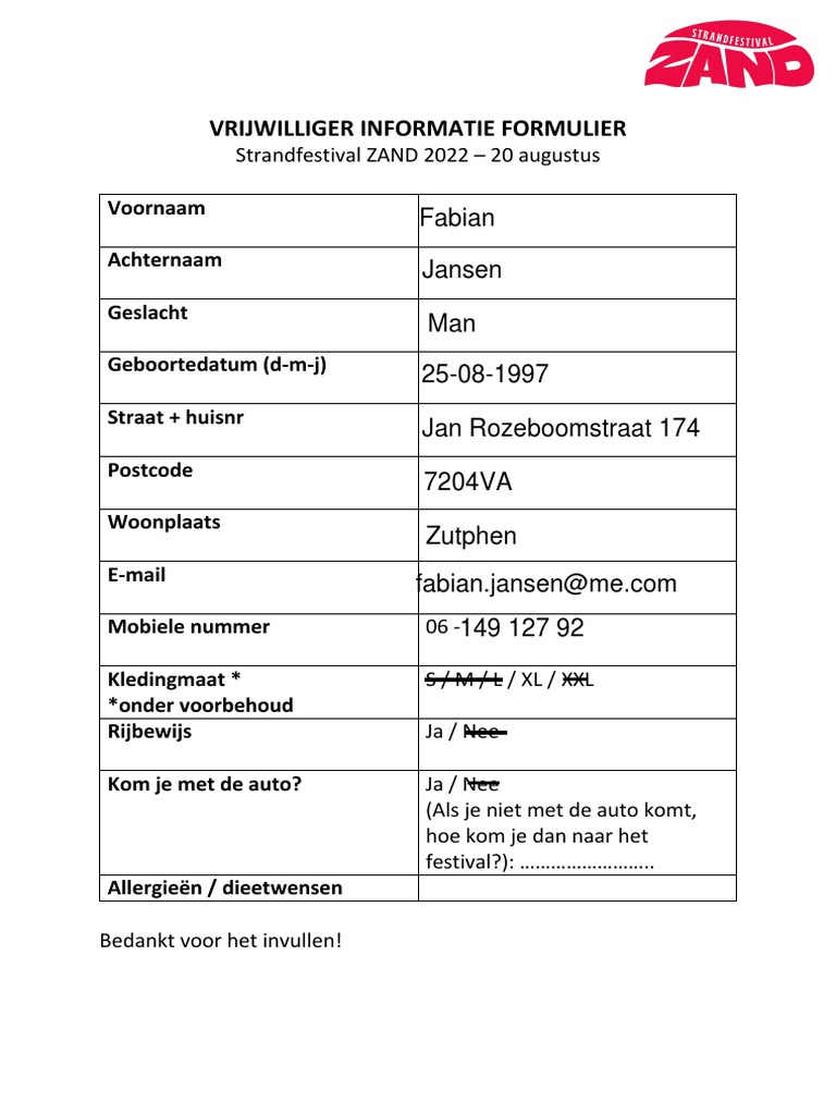 Vrijwilliger Informatie Formulier 2022 | PDF