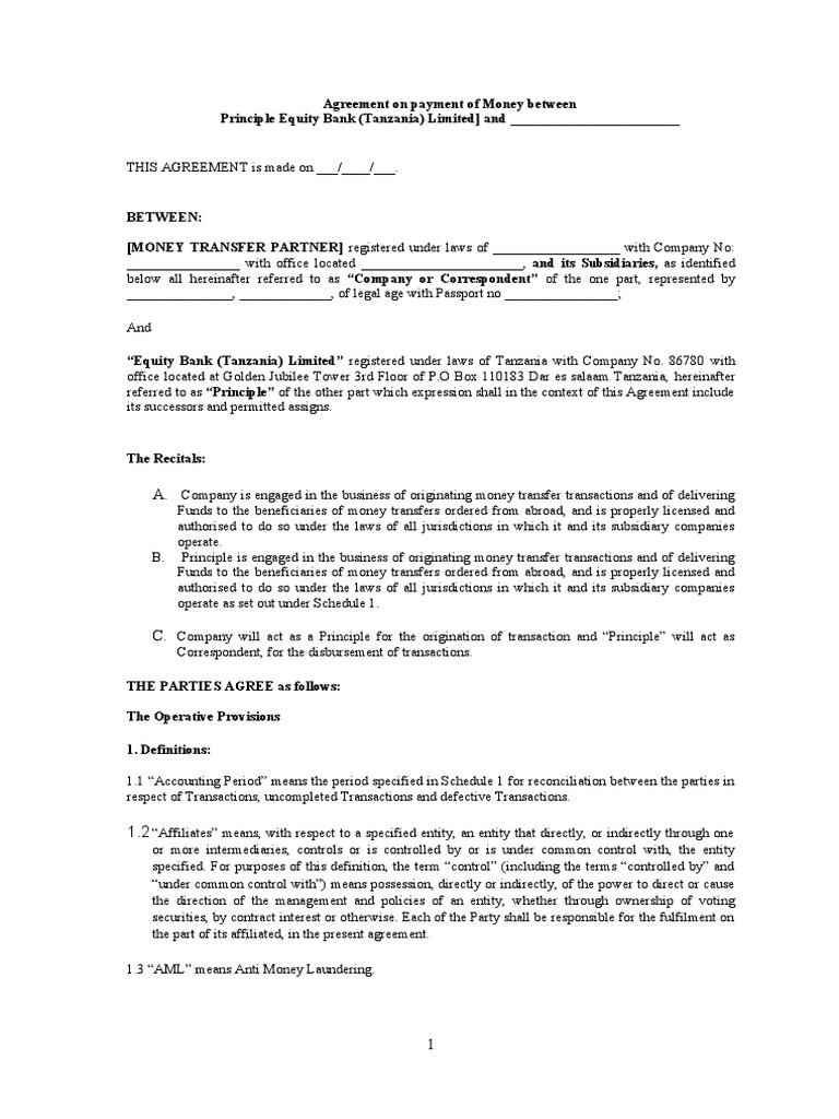 Money Transfer Agreement | PDF | Money Laundering | Indemnity