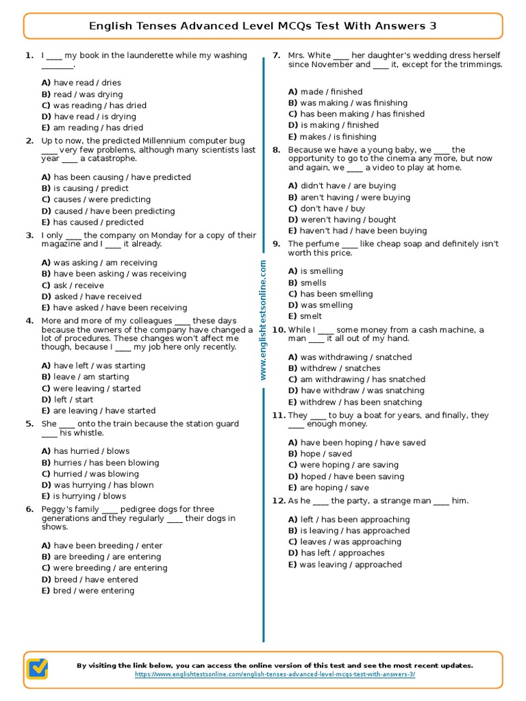 886 - English Tenses Advanced Level Mcqs Test With Answers 3 | PDF ...