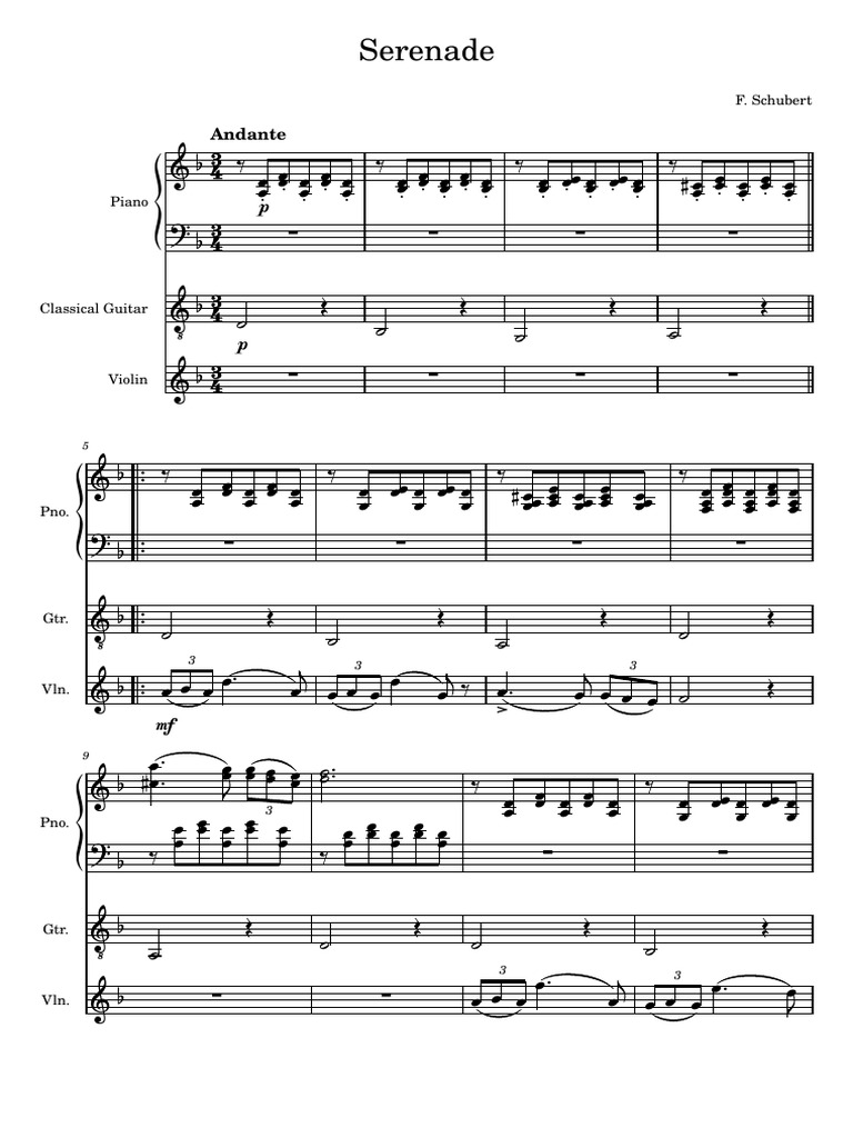 Serenade Stndchen by F. Schubert For Piano Classical Guitar and Violin | PDF | String ...