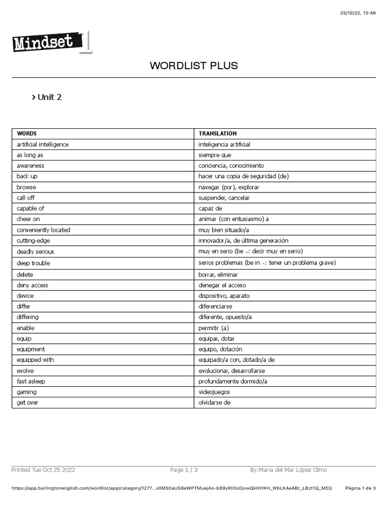 BurlingtonEnglish Wordlist Unit 1 | PDF