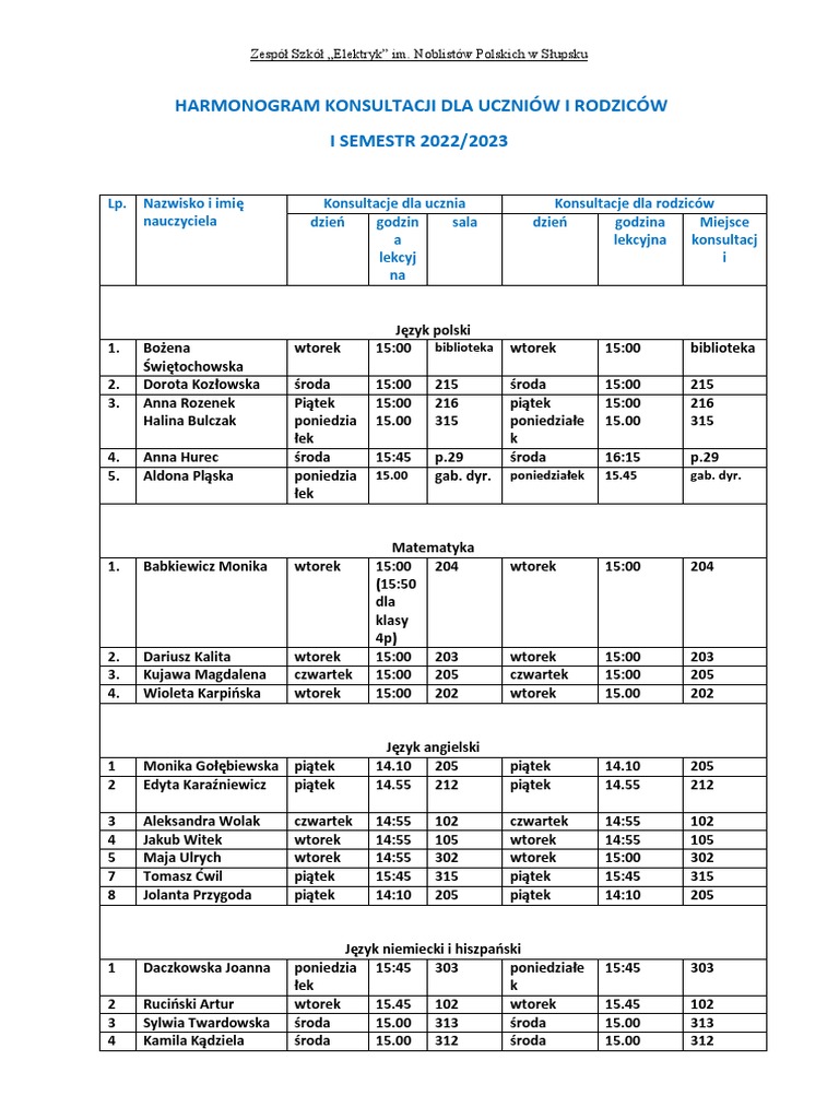 Harmonogram Konsultacji Dla Uczniow I Rodzicow 2022 2023 1 | PDF