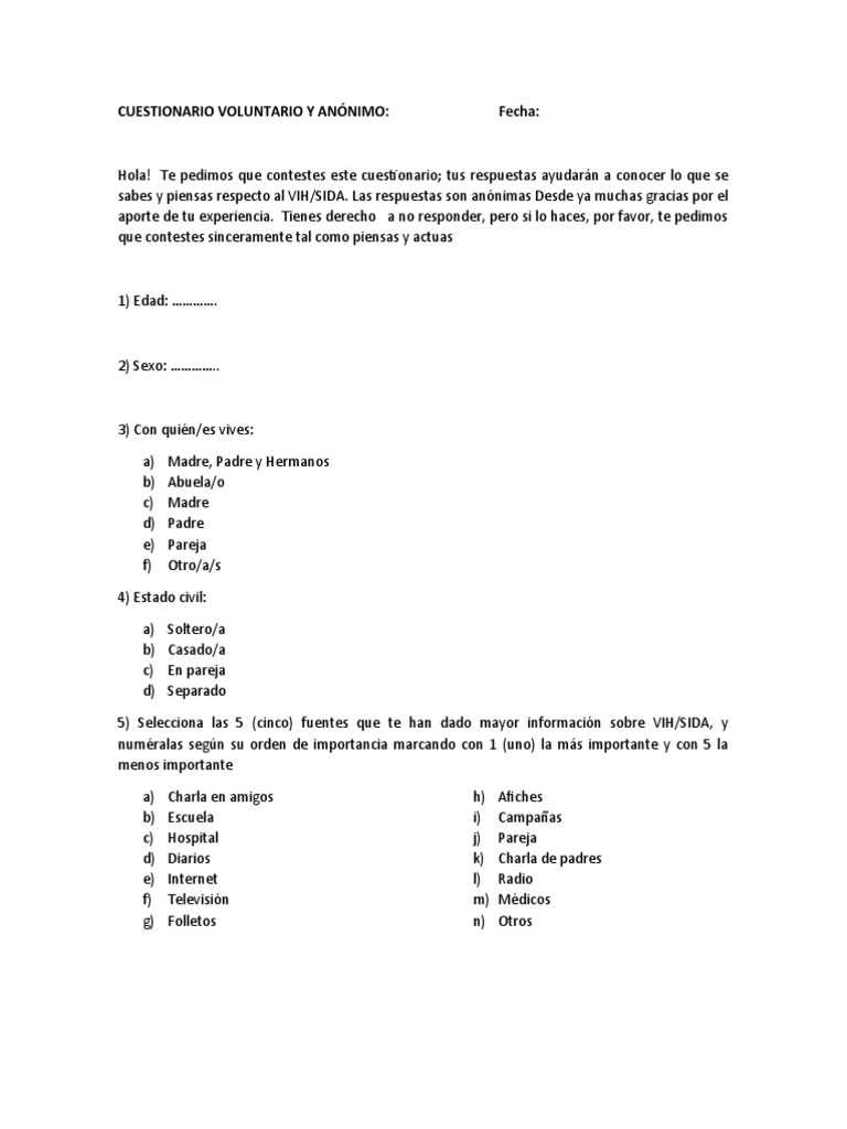 Cuestionario Voluntario y Anónimo | PDF