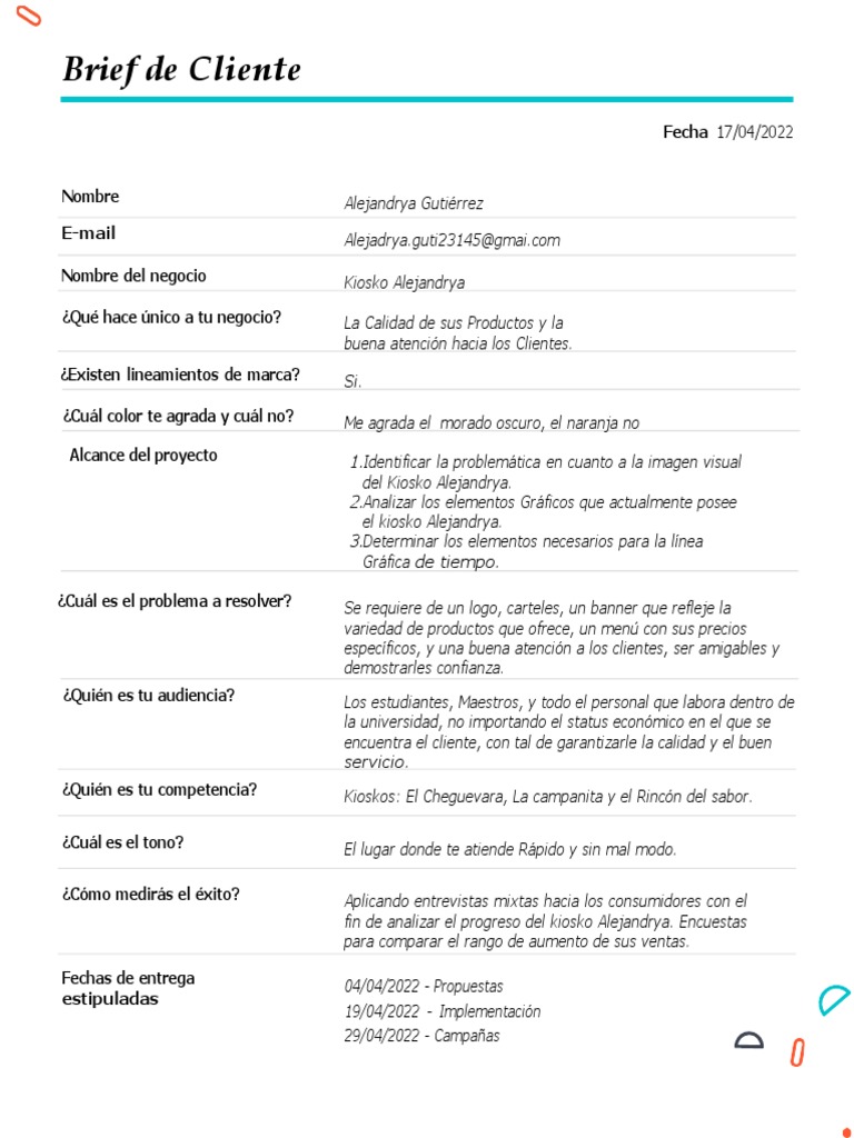Brief de Cliente. Kiosko Alejandrya | PDF | Business | Economias