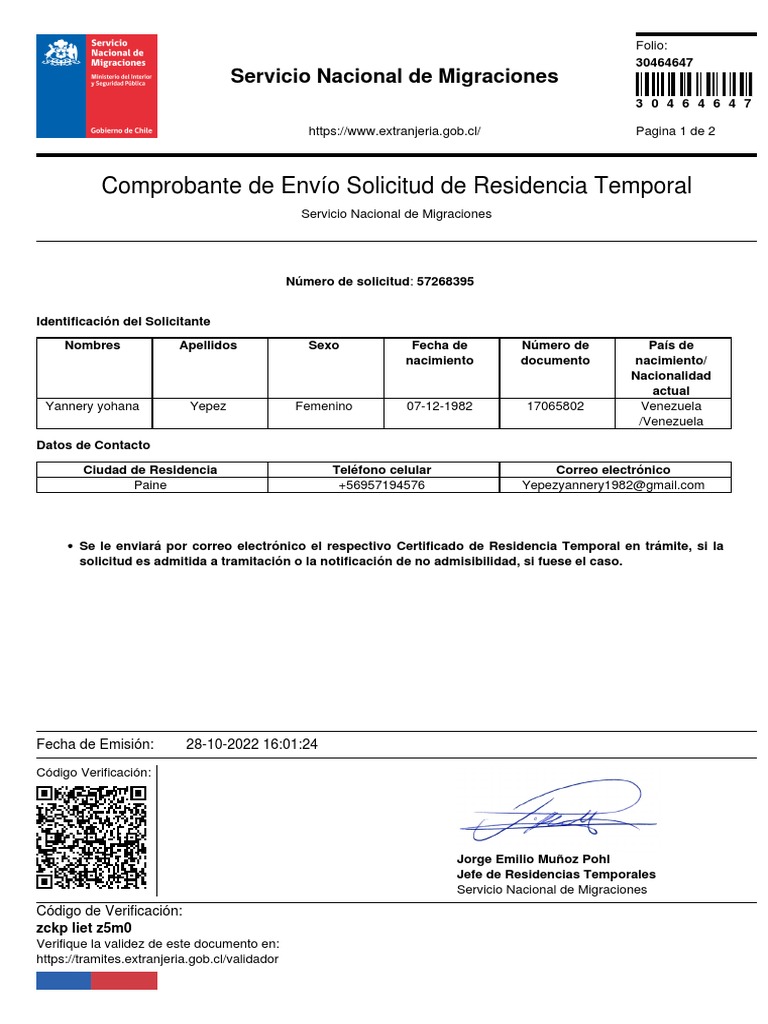 Comprobante de Envío Solicitud de Residencia Temporal: Servicio Nacional de Migraciones | PDF