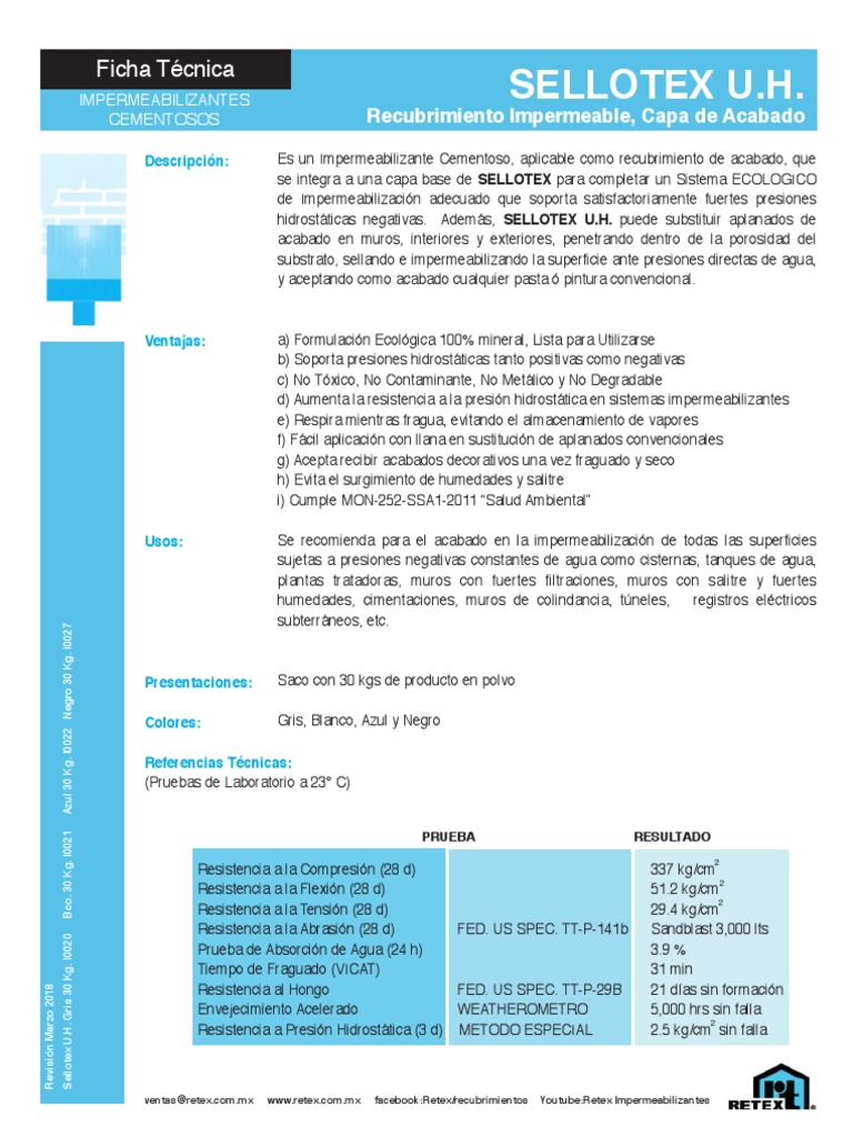 Ficha Técnica de Sellotex U.H. | PDF | Agua | Revestimiento