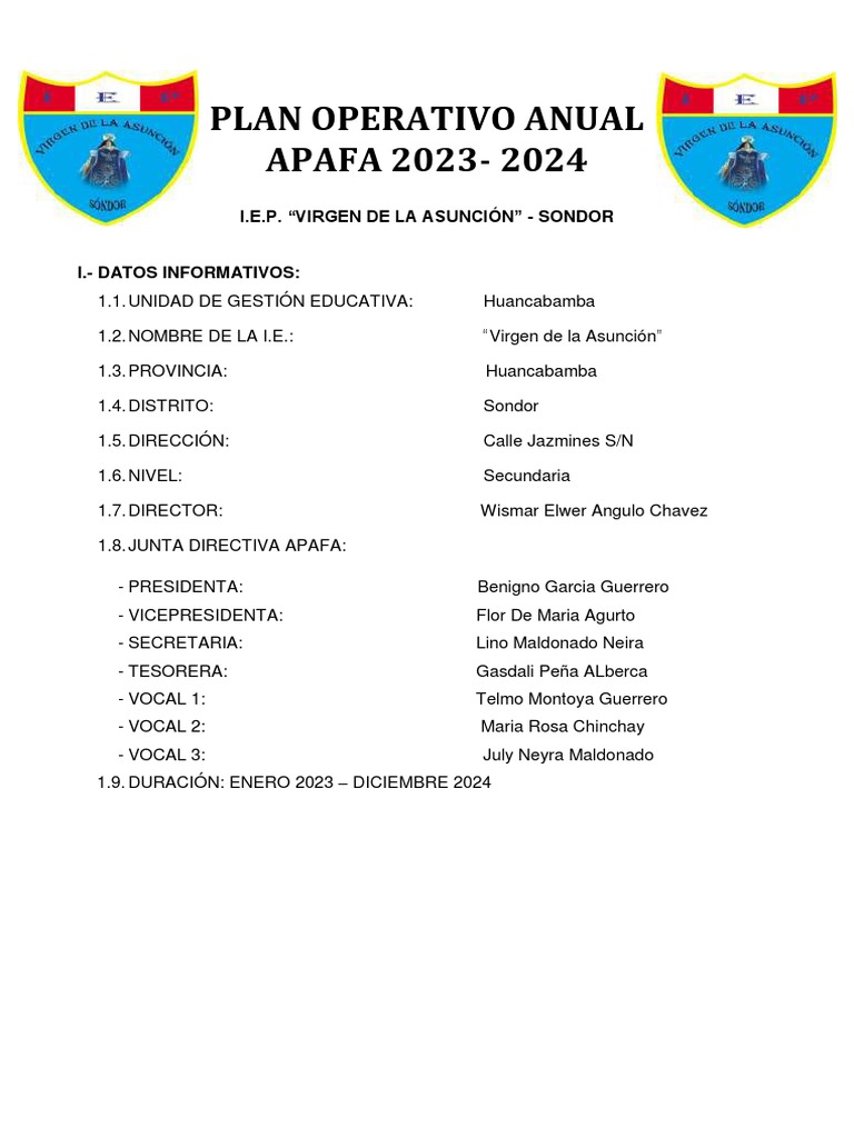 Plan Operativo Anual Apafa 2023 2024 Sondor Mejorado | PDF | Educación primaria | Maestros