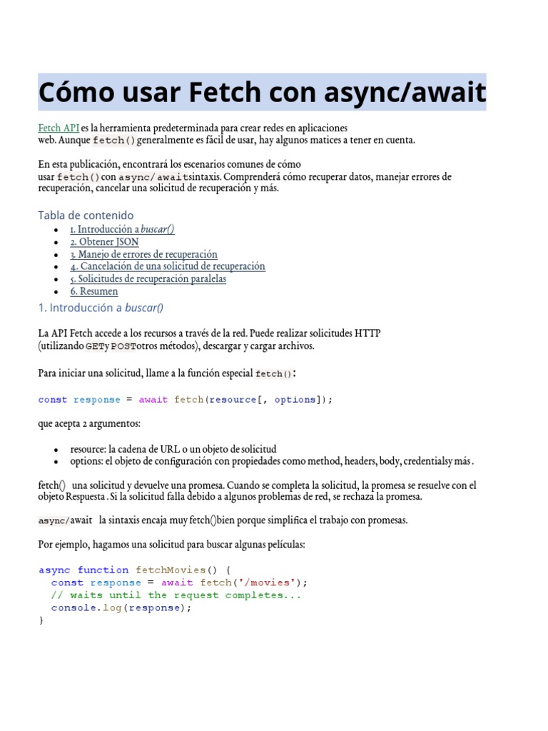 Cómo usar Fetch con async/await | PDF | Protocolo de Transferencia de ...