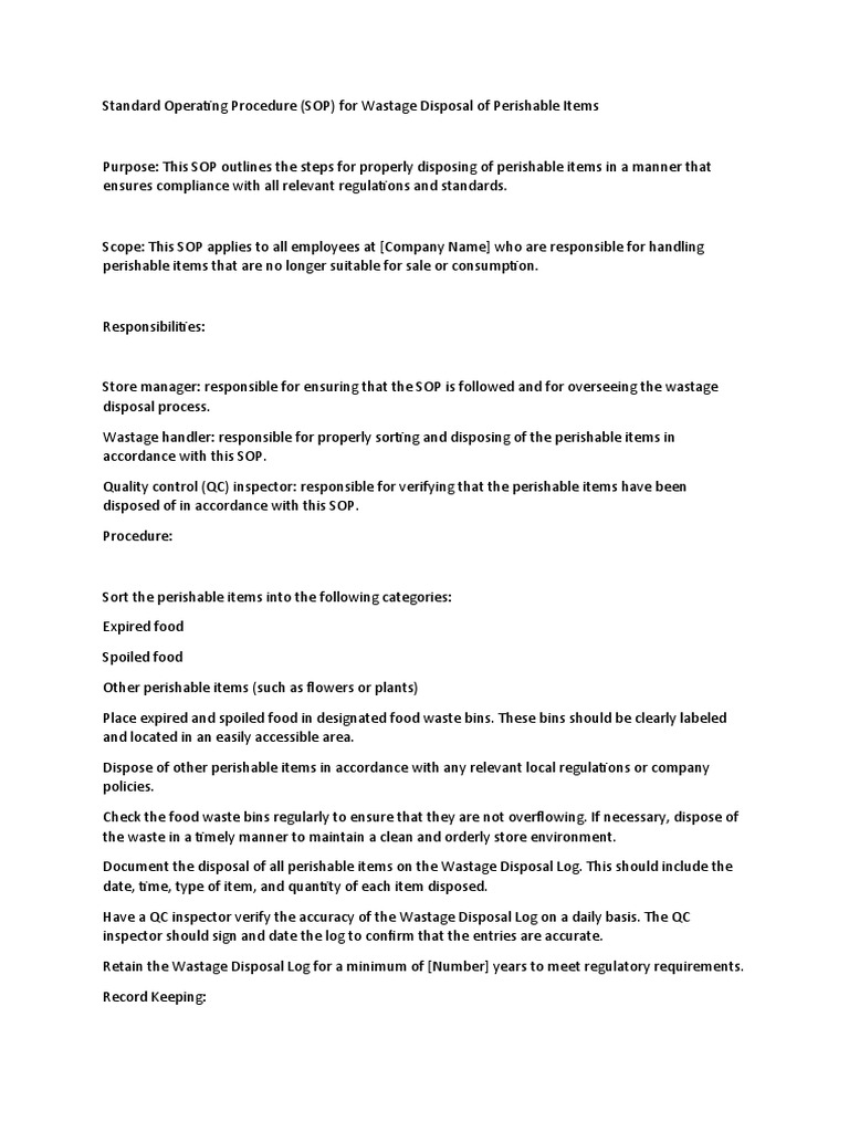 SOP for Perishable Waste Disposal | PDF