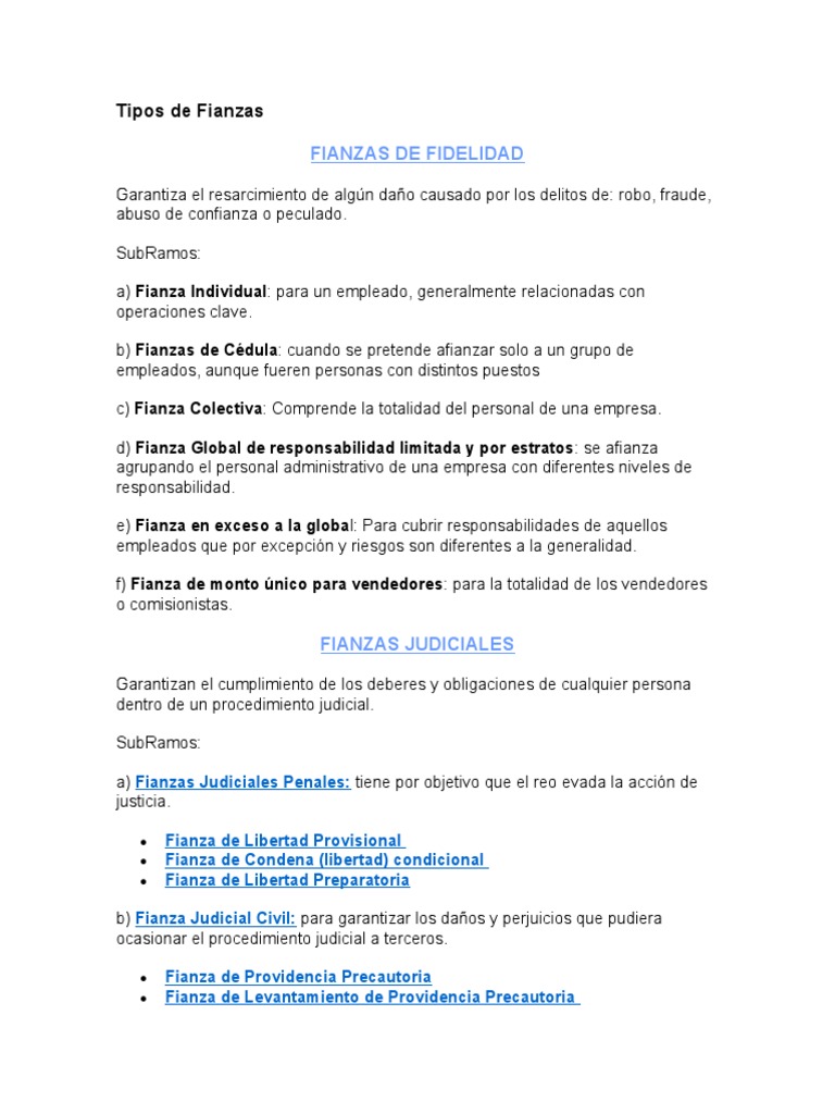 Tipos de Fianzas | PDF | Posesión (Ley) | Judicaturas