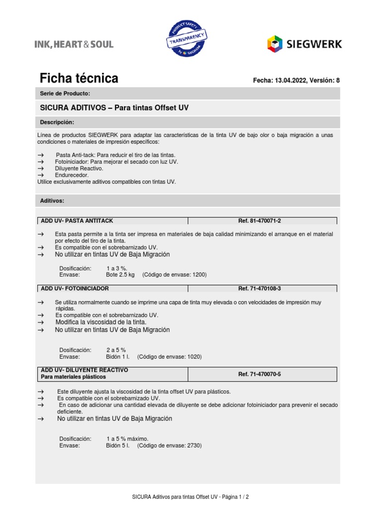 SICURA Aditivos para Tintas Offset UV-sp | PDF | Materiales | Procesos industriales
