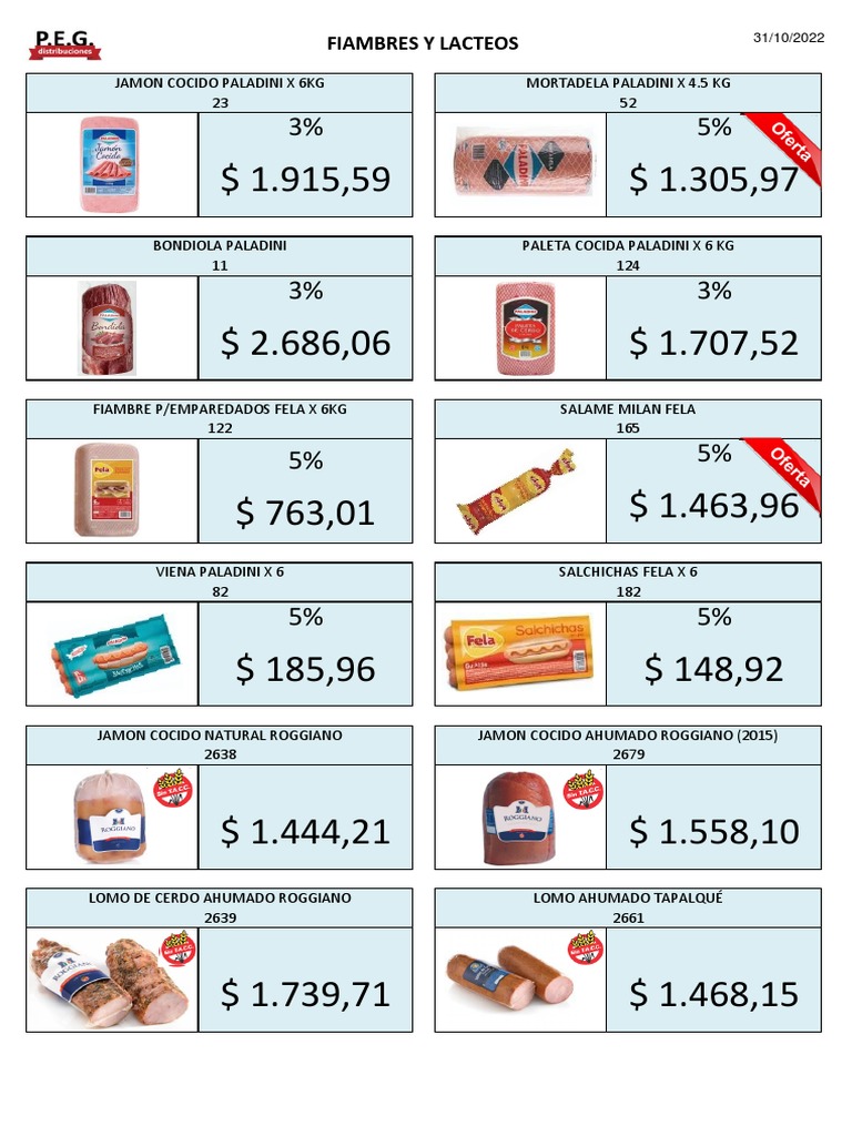 Lista de Fiambres y Lácteos 2022 | PDF | Cerdo | Alimentos