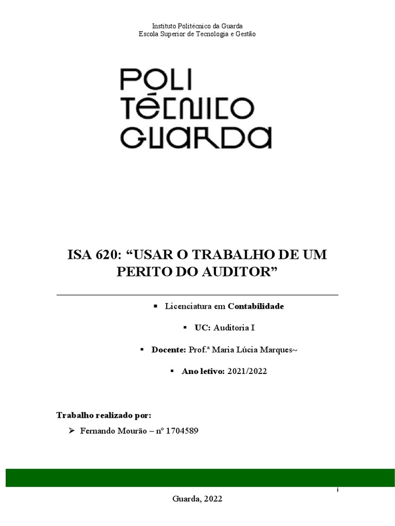 Análise da ISA 620 em Auditoria | PDF | Contabilidade | Auditoria interna
