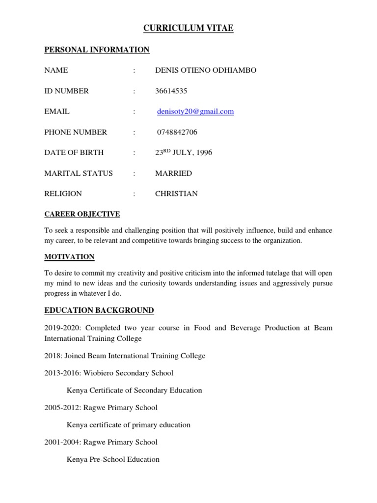Denis Odhiambo CV: Food & Beverage Expert | PDF | Schools | Cognition